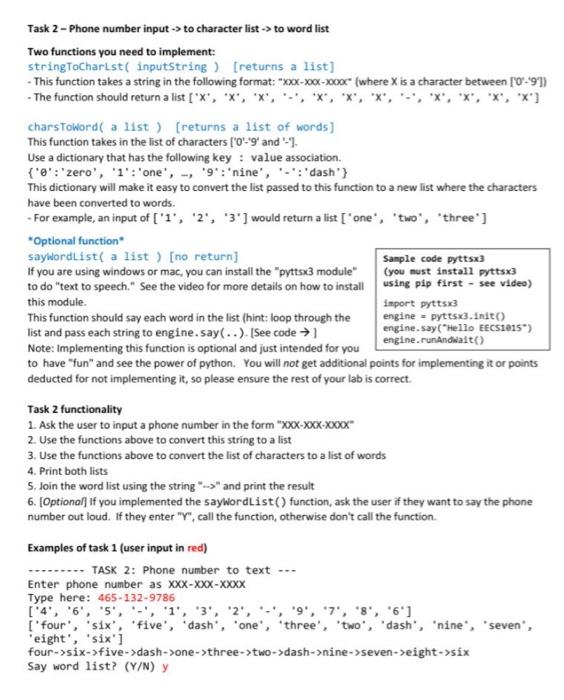 Solved Task 2 - Phone number input -> to character list -> | Chegg.com