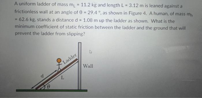 Solved A uniform ladder of mass m₁ = 11.2 kg and length L = | Chegg.com