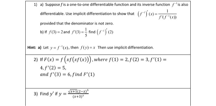 Solved 1) a) Suppose f is a one-to-one differentiable | Chegg.com