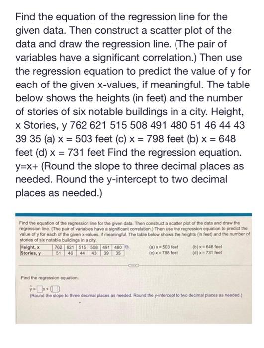 Solved Find the equation of the regression line for the | Chegg.com