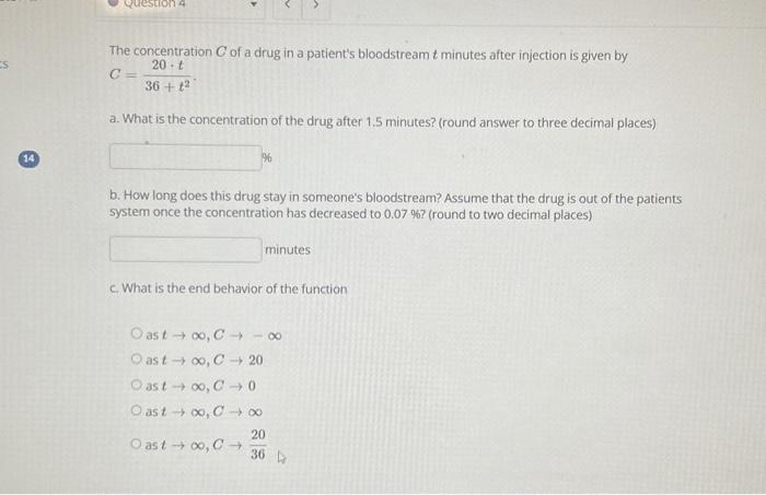 Solved The concentration C of a drug in a patient's | Chegg.com
