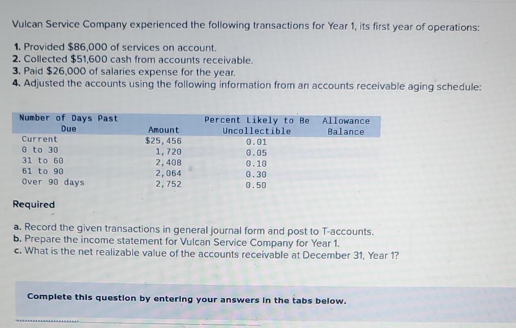 Solved Vulcan Service Company experienced the following | Chegg.com