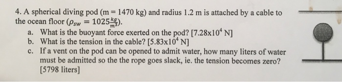 Solved 4. A spherical diving pod (m= 1470 kg) and radius 1.2 | Chegg.com