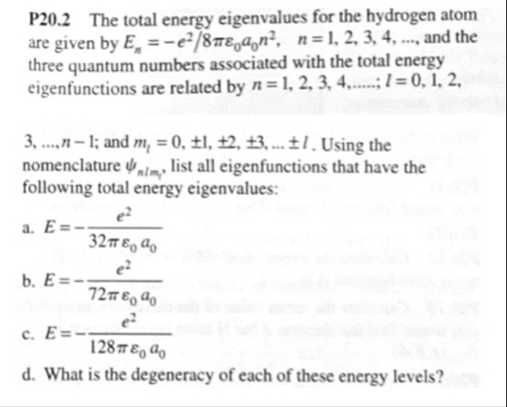 Solved P20.2 ﻿The total energy eigenvalues for the hydrogen | Chegg.com