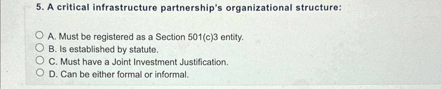 Solved A critical infrastructure partnership's | Chegg.com