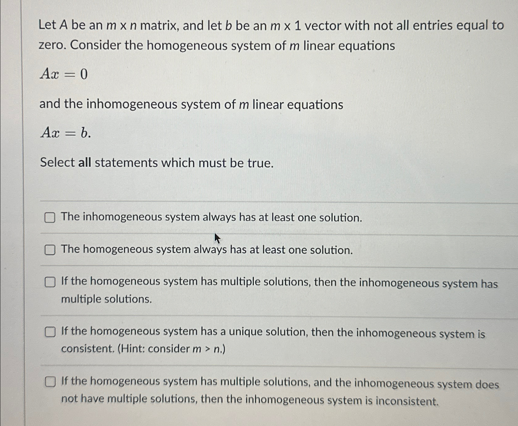 Solved Let A ﻿be an m×n ﻿matrix, and let b ﻿be an m×1 | Chegg.com