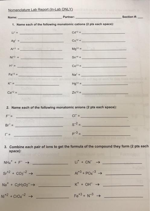 Solved Nomenclature Lab Report (In-Lab ONLY) Name: Partner: | Chegg.com