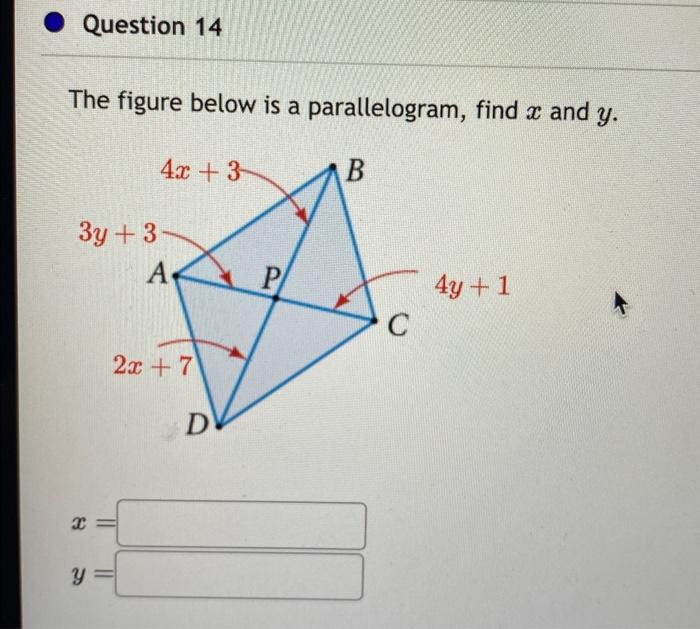 Solved The figure below is a parallelogram, find x and y. | Chegg.com
