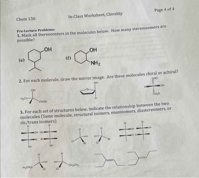 Solved Page 4 of 4 In-Class Worksheet, Chirality Chem 130 | Chegg.com