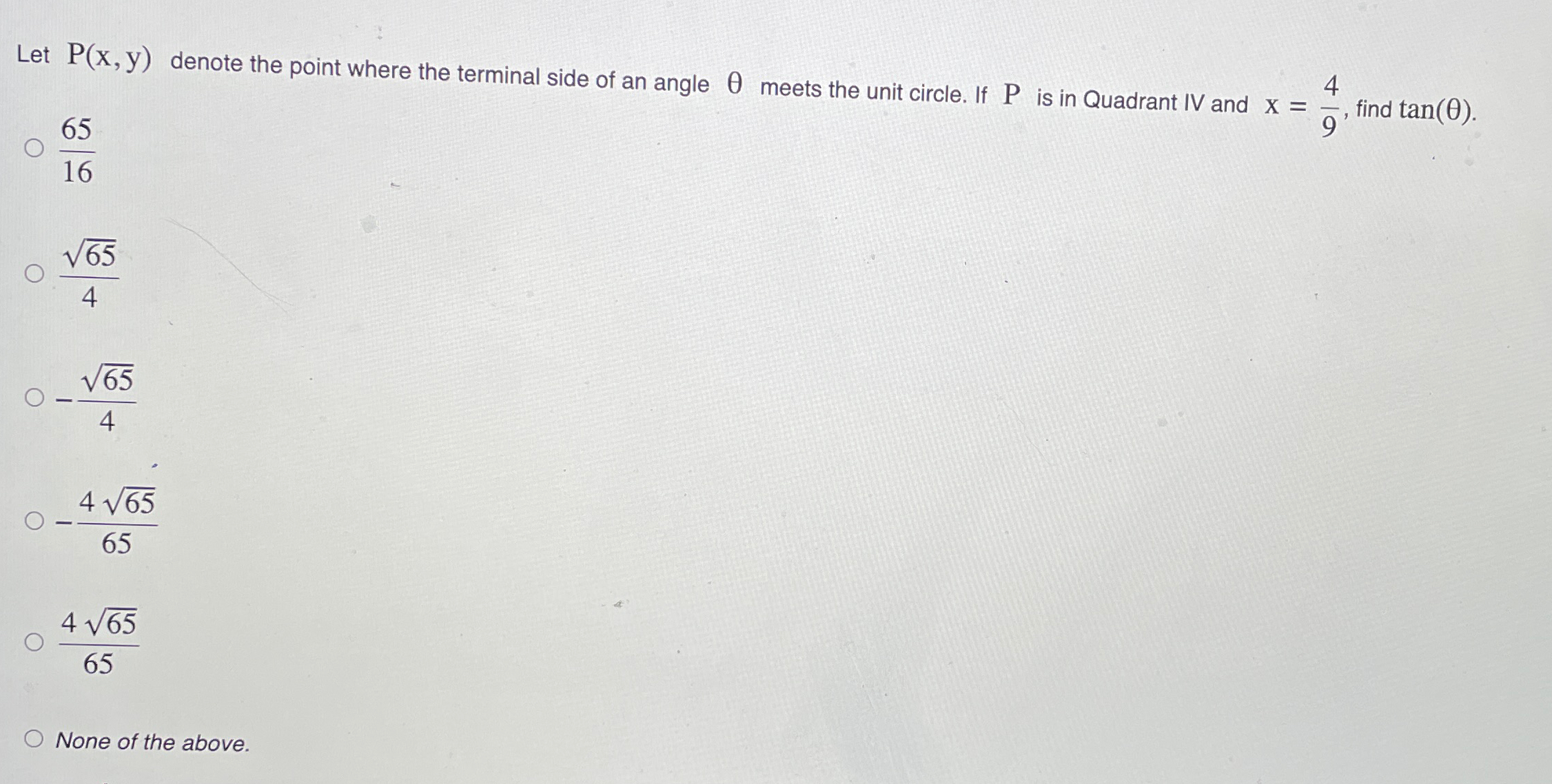 Solved Let P(x,y) ﻿denote the point where the terminal side | Chegg.com