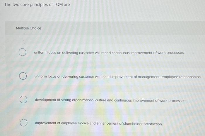 Solved The two core principles of TQM are Multiple Choice | Chegg.com