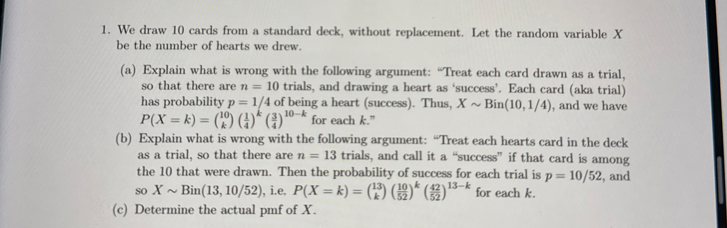 Solved We draw 10 ﻿cards from a standard deck, without | Chegg.com