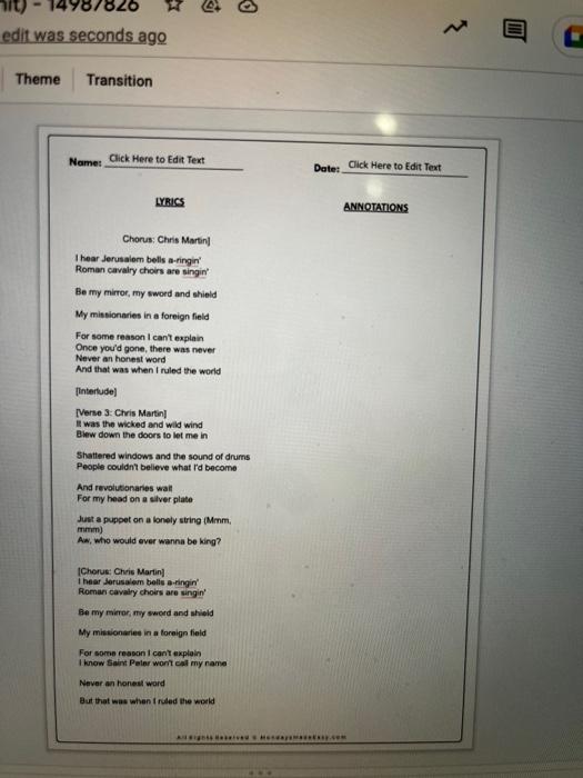 1. Find a song that you like that has lyrics that are | Chegg.com