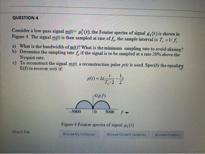 Solved QUESTION 4 Consider a low-pass signal m(t)= gi(t), | Chegg.com