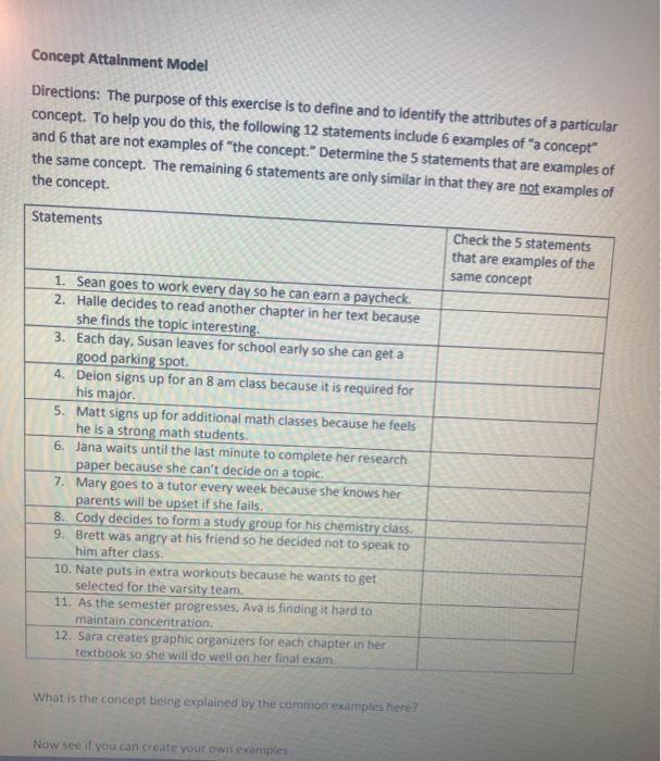 Solved Concept Attainment Model Directions: The purpose of | Chegg.com