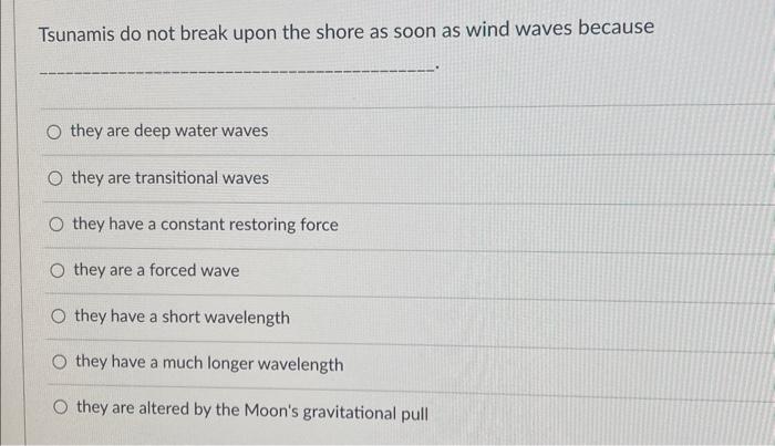 Solved Tsunamis do not break upon the shore as soon as wind | Chegg.com