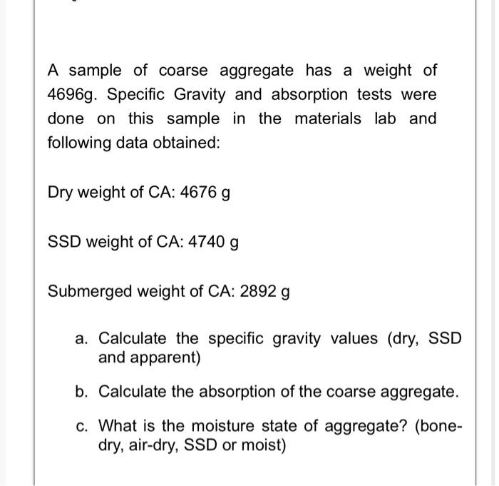 Solved A sample of coarse aggregate has a weight of 4696g. | Chegg.com