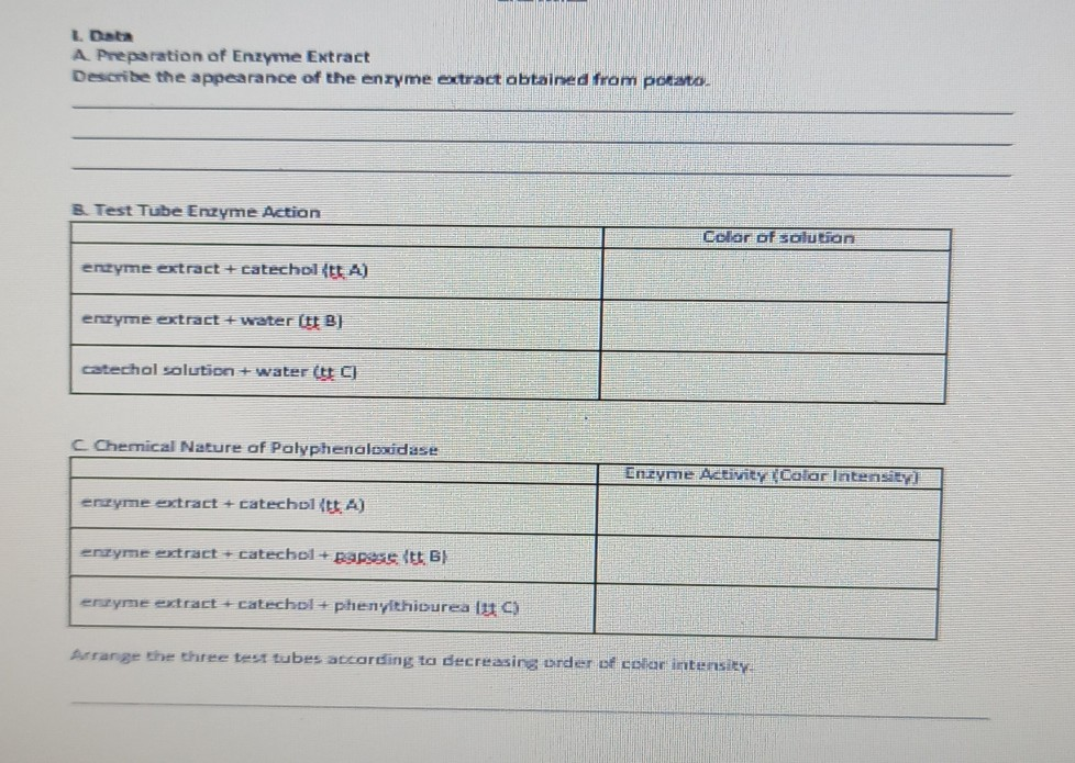 I Data A Preparation of Enzyme Extract Describe the | Chegg.com