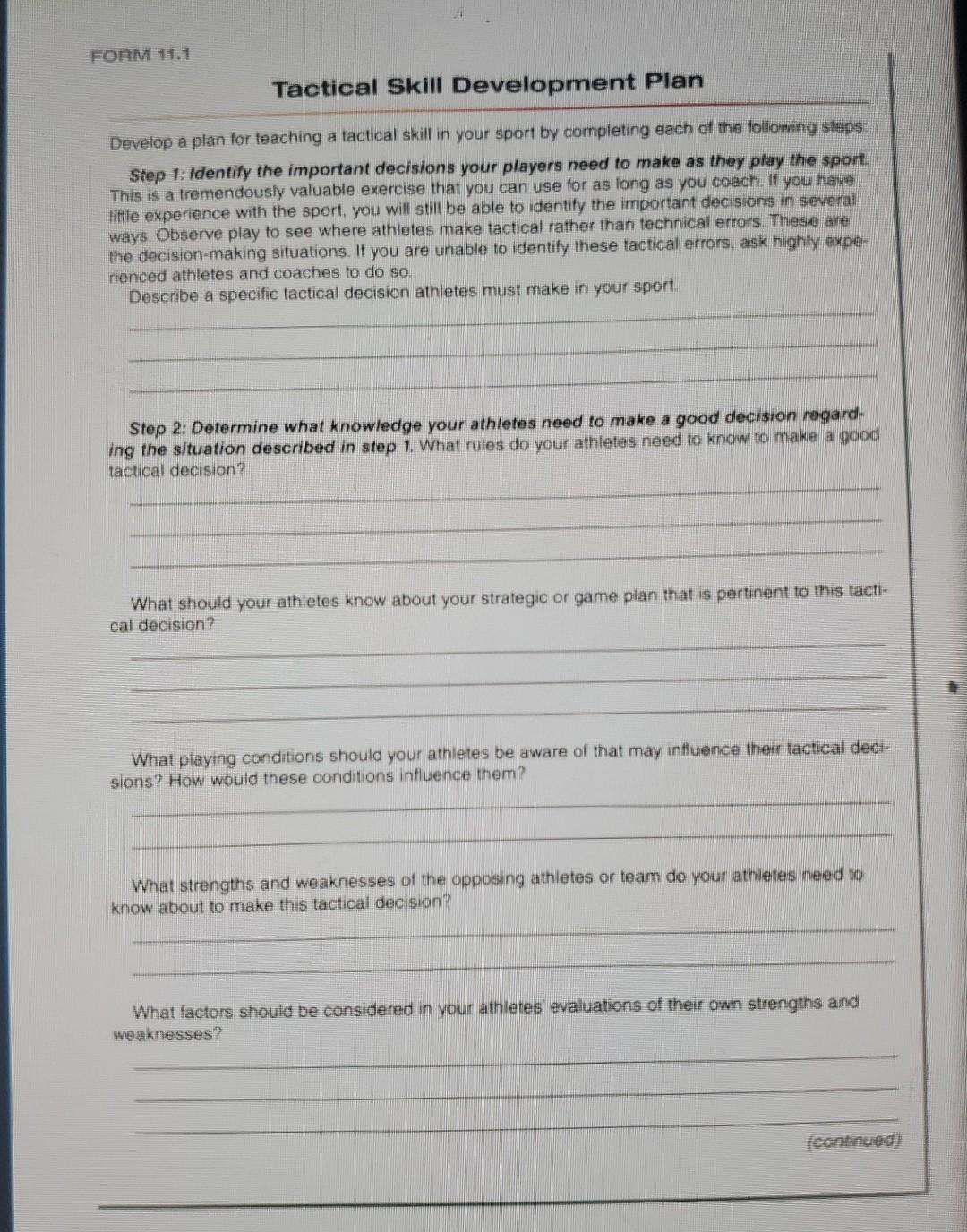 FORM 11.1 Tactical Skill Development Plan Develop a | Chegg.com