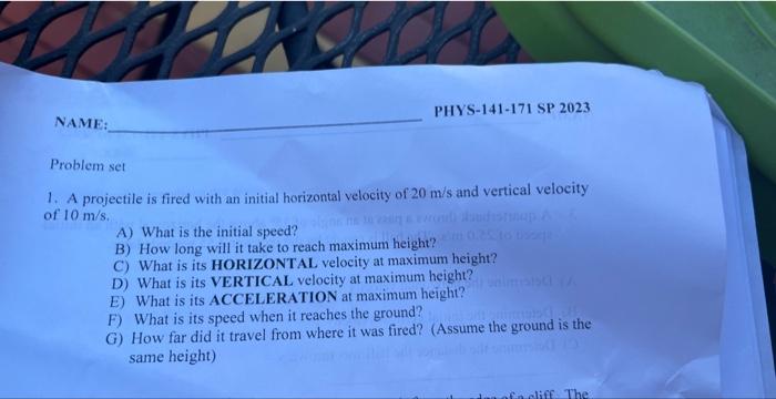 Solved 1. A projectile is fired with an initial horizontal | Chegg.com