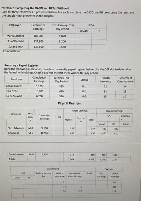 Solved Problem 2. Computing the OASDI and HI Tax Withheld | Chegg.com