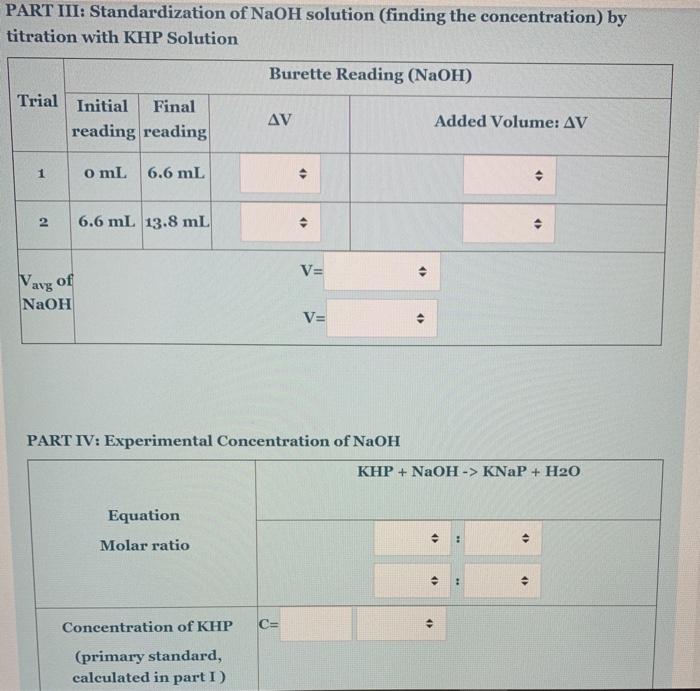 Solved PART III: Standardization of NaOH solution (finding | Chegg.com