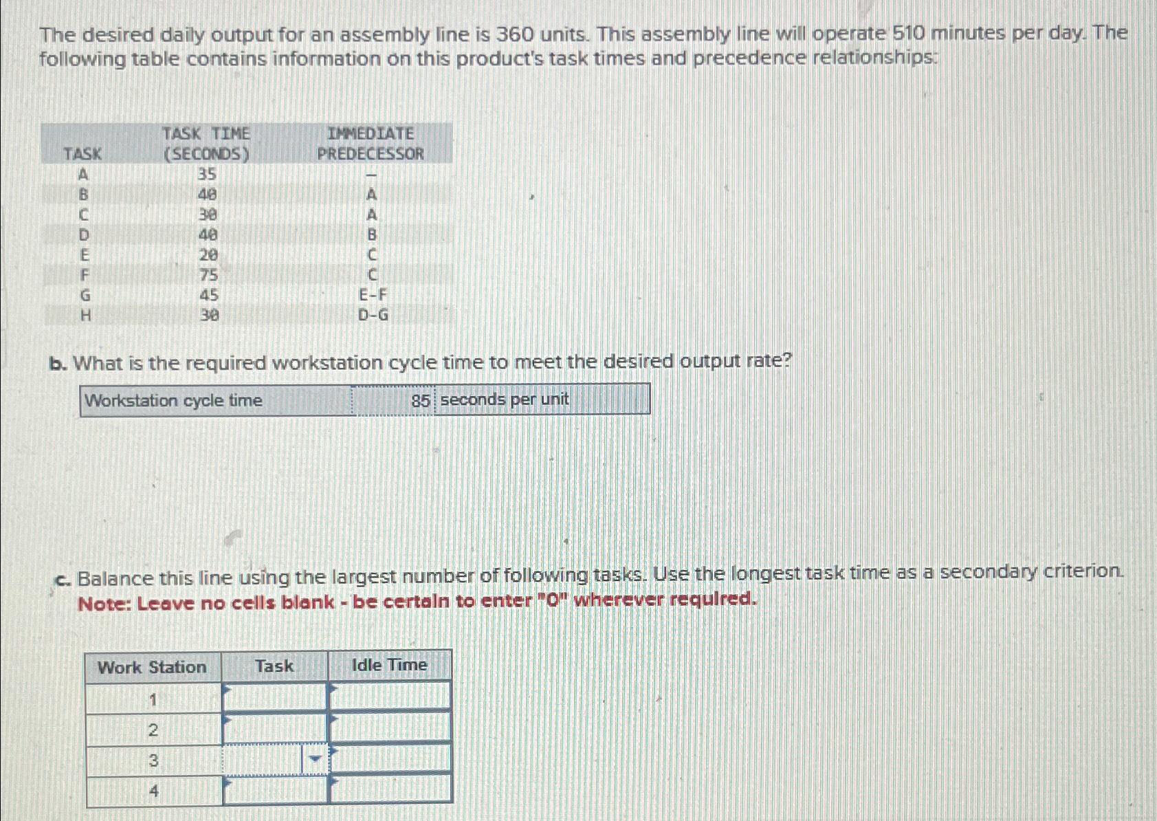 Solved The desired daily output for an assembly line is 360 | Chegg.com