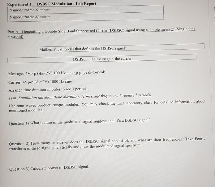 Experiment 1: DSBSC Modulation - Lab Report Name | Chegg.com