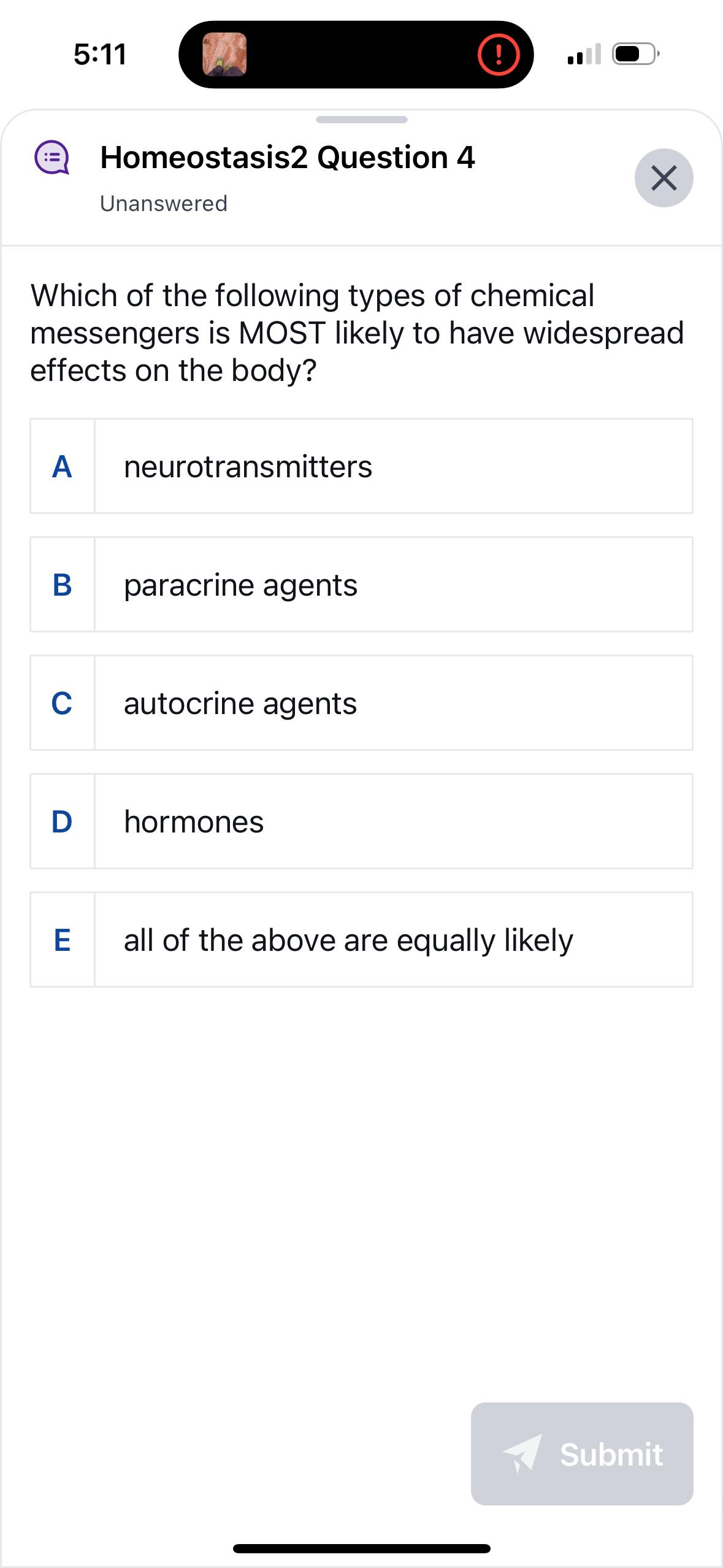 Solved Which of the following types of chemical messengers | Chegg.com