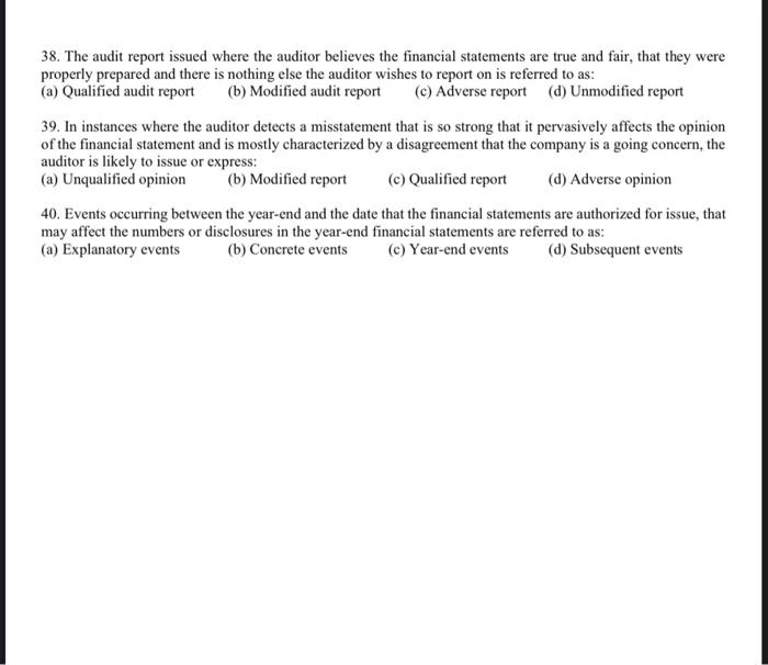 Solved 38. The audit report issued where the auditor | Chegg.com