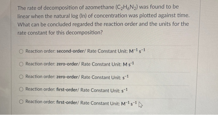 Solved The rate of decomposition of azomethane (C2H6N2) was | Chegg.com