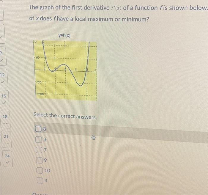 Solved 12 15 18 21 24 > The graph of the first derivative | Chegg.com