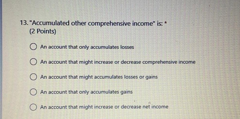 Solved 13. "Accumulated other comprehensive income" is: * (2 | Chegg.com