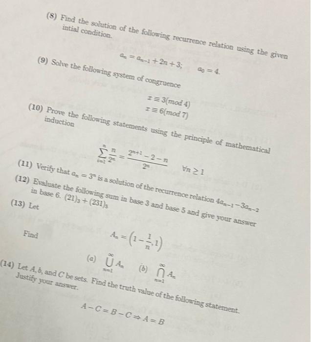 (8) Find the solution of the following recurrence | Chegg.com