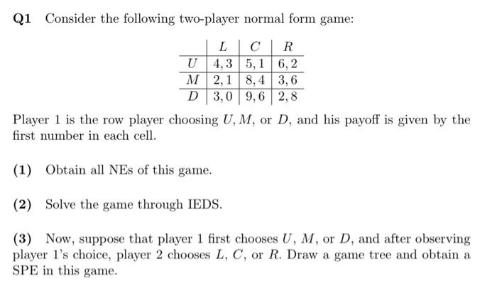 Solved Q1 Consider the following two-player normal form | Chegg.com