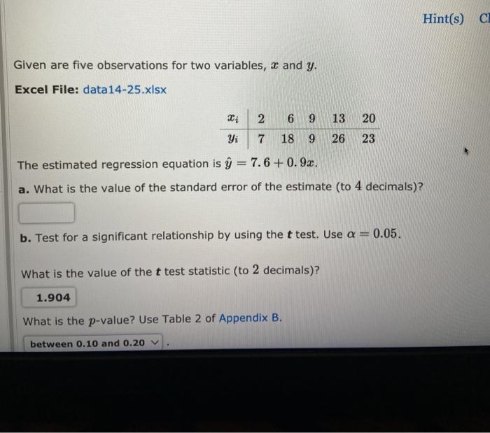 Solved Hint(s) С Given are five observations for two | Chegg.com