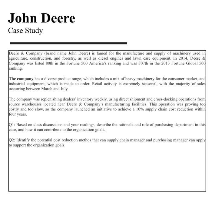 Solved Johm Deere Case Study Deere \& Company (brand name | Chegg.com