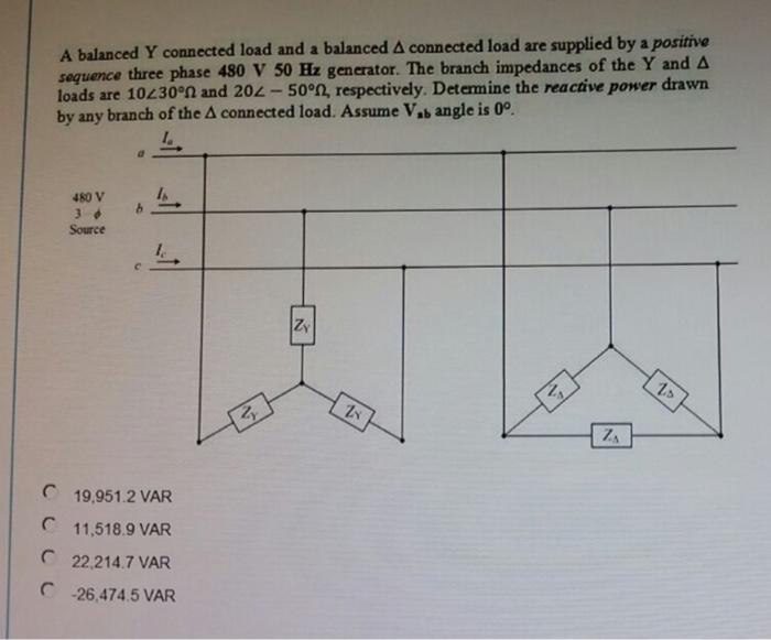 Solved A balanced Y connected load and a balanced A | Chegg.com