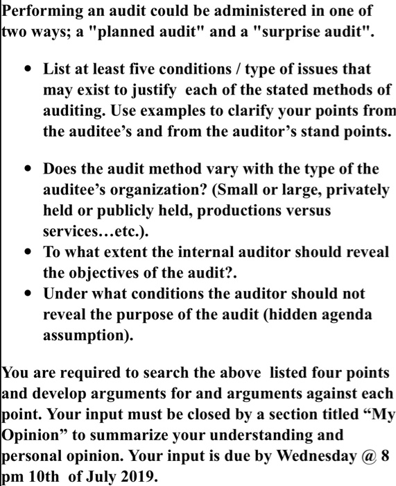 Solved Performing an audit could be administered in one of | Chegg.com