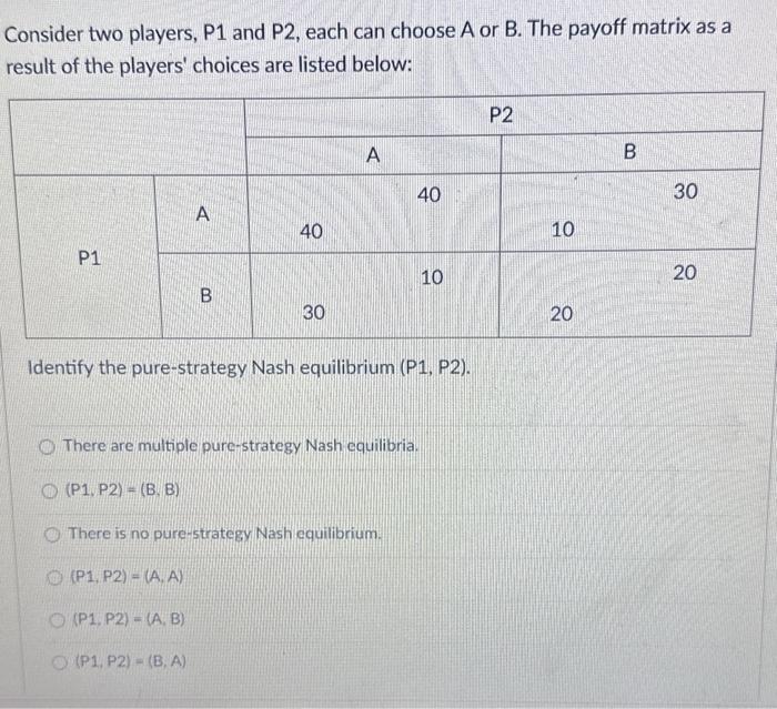 Solved Consider two players, P1 and P2, each can choose A or | Chegg.com