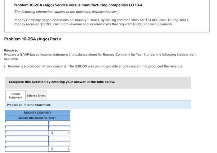 Solved Problem 10-26A (Algo) Service versus manufacturing | Chegg.com