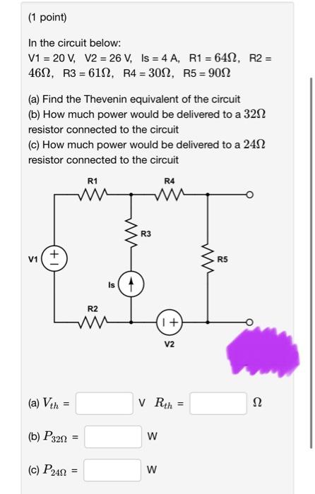 Solved (1 point) In the circuit below: V1=20 V, V2=26 V, Is | Chegg.com