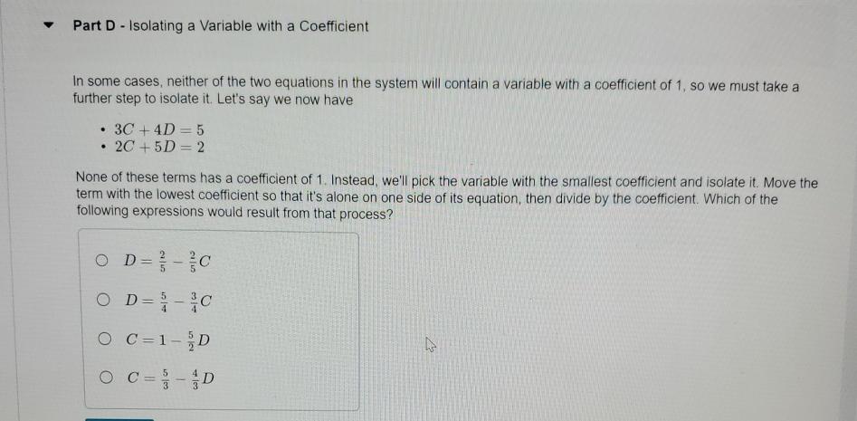 Solved Part D - ﻿Isolating a Variable with a CoefficientIn | Chegg.com