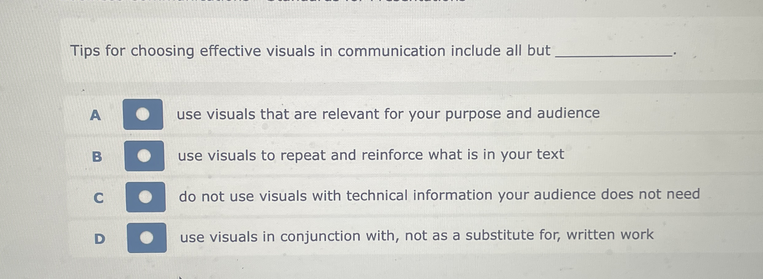 Solved Tips for choosing effective visuals in communication | Chegg.com