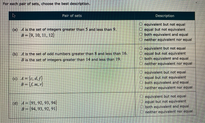 Solved For each pair of sets, choose the best description. | Chegg.com