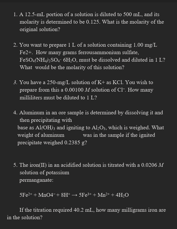 Solved A 12.5-mL ﻿portion of a solution is diluted to 500mL, | Chegg.com