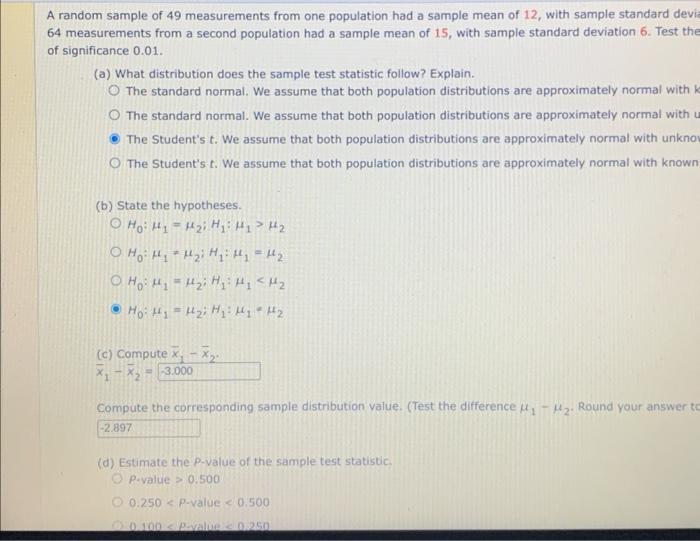 Solved random sample of 49 measurements from one population | Chegg.com