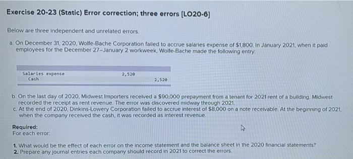 Solved Exercise 20-23 (Static) Error correction; three | Chegg.com