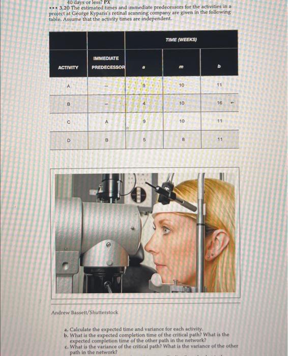 Solved 40 days or less? PX ... 3.20 The estimated times and | Chegg.com