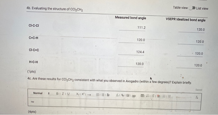 Solved 4b. Evaluating the structure of CCI,CH2 Table view | Chegg.com